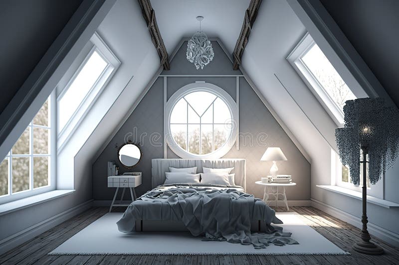 White Attic Master Bedroom Interior Stock Illustration - Illustration ...