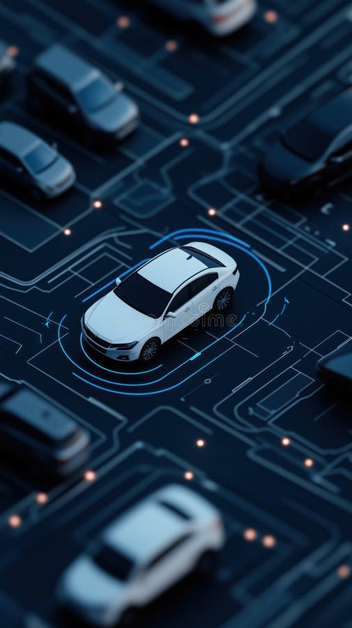 White Automobile with GPS Tracking Signal Surrounded by Vehicles Stock ...