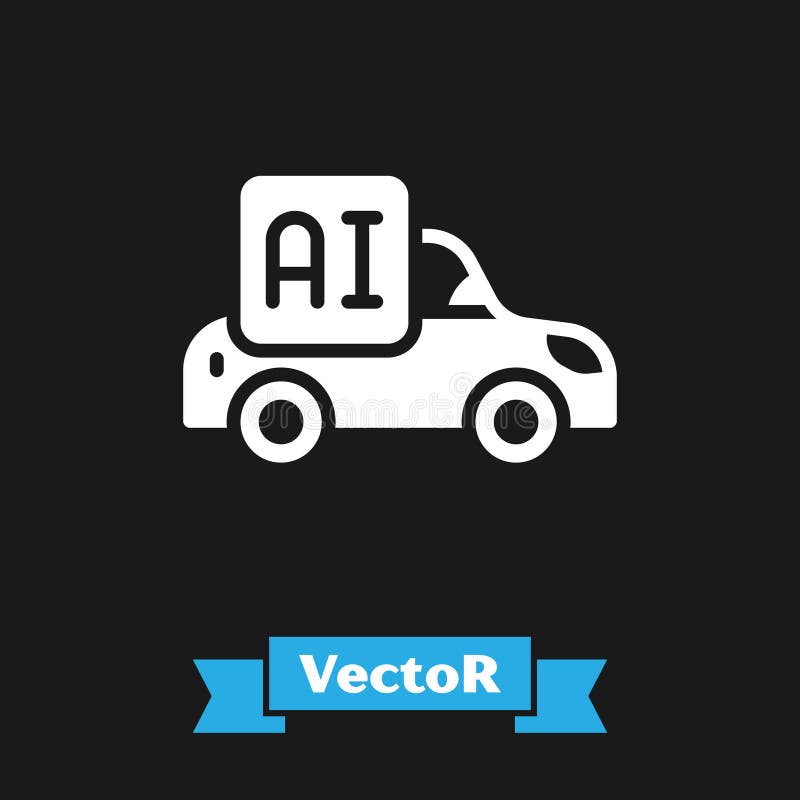 White Autonomous Artificial Intelligence Smart Car Icon Isolated on Black Background. Vector ...