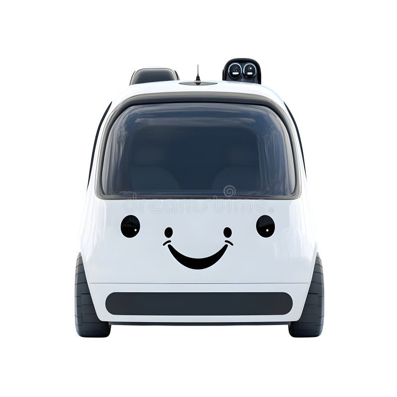 Front View of a White Autonomous Vehicle with a Smiling Face on a White ...