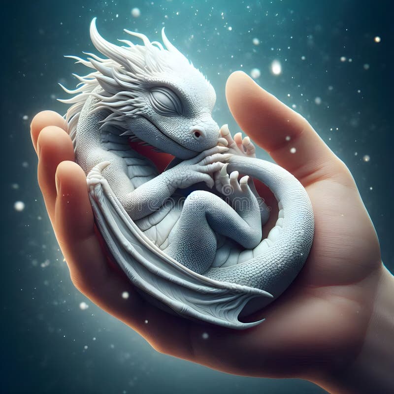 A White Baby Dragon Curled Up in a Hand Heartwarming Charm. Stock ...