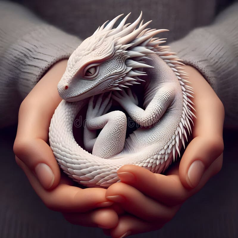 A White Baby Dragon Curled Up in a Hand Heartwarming Charm. Stock ...
