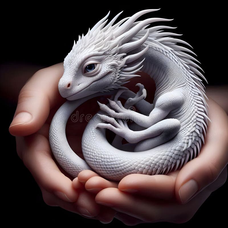 A White Baby Dragon Curled Up in a Hand Heartwarming Charm. Stock ...