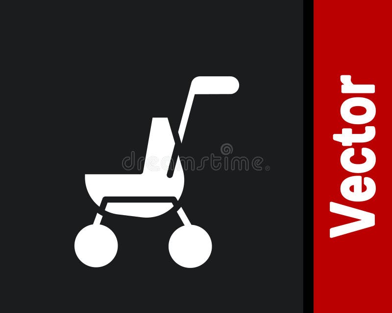 White Baby Stroller Icon Isolated on Black Background. Baby Carriage ...