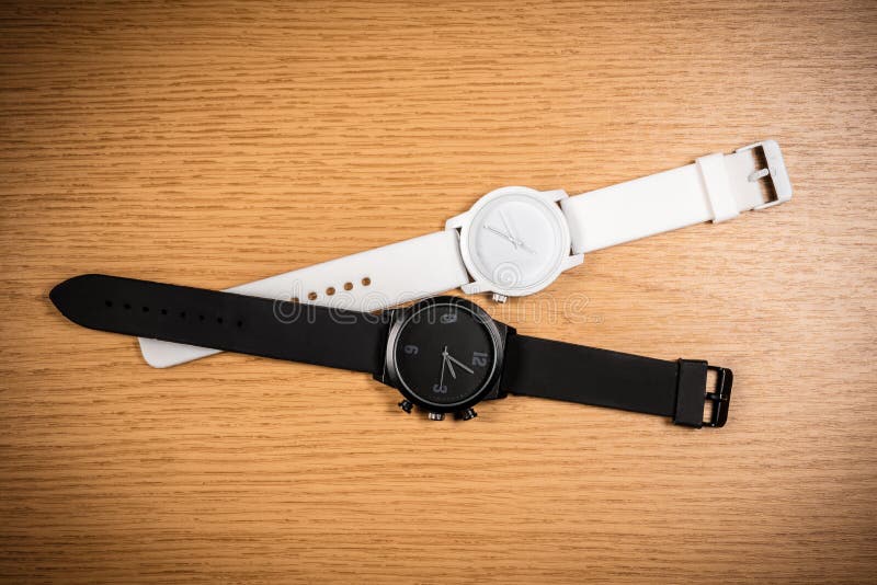 White and Back Clock on Wooden Table Stock Photo - Image of reminder ...