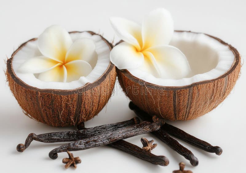 A White Backdrop with Coconuts, Vanilla Pods, and a Single Flower Stock ...
