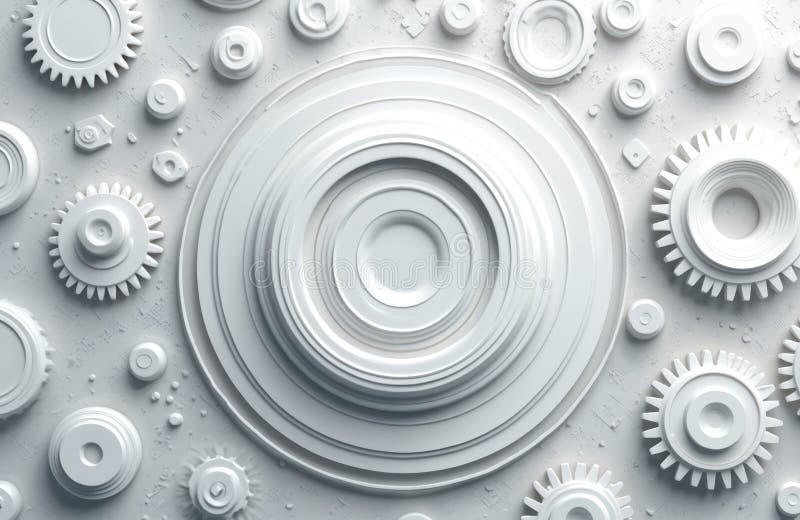 White Backdrop with Concentric Circles, Gears Hi-tech Process. Abstract ...