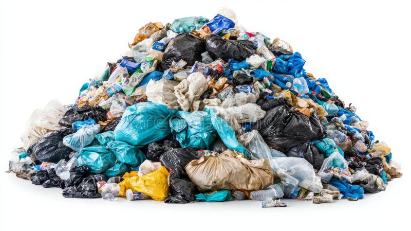 A White Backdrop Featuring a Big Mound of Garbage and Trash Bags ...