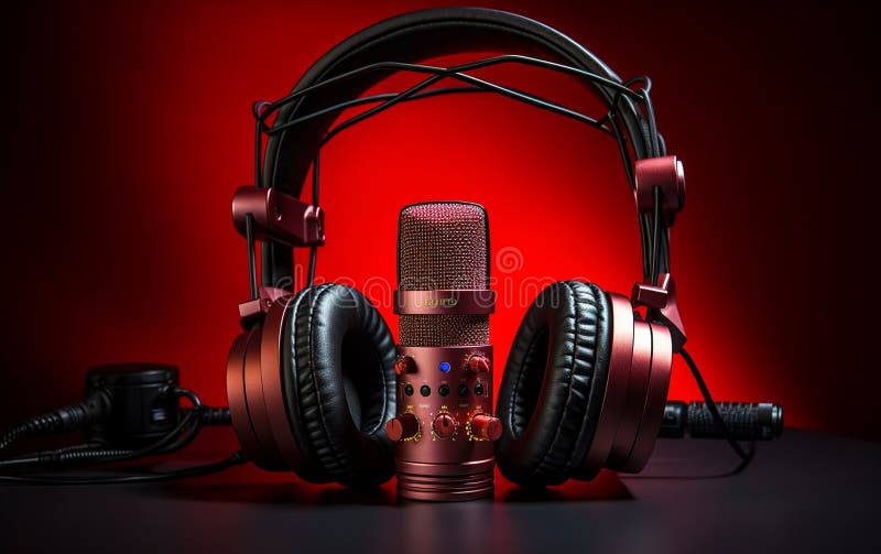 A White Backdrop Hosting a Red Microphone and Headphones -Generative Ai ...