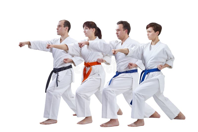 On a White Background the Athletes with Different Colors of Belts are ...