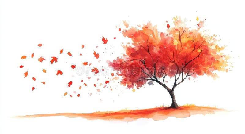 A White Background with an Autumn Tree and Leaves Blowing in the Wind ...