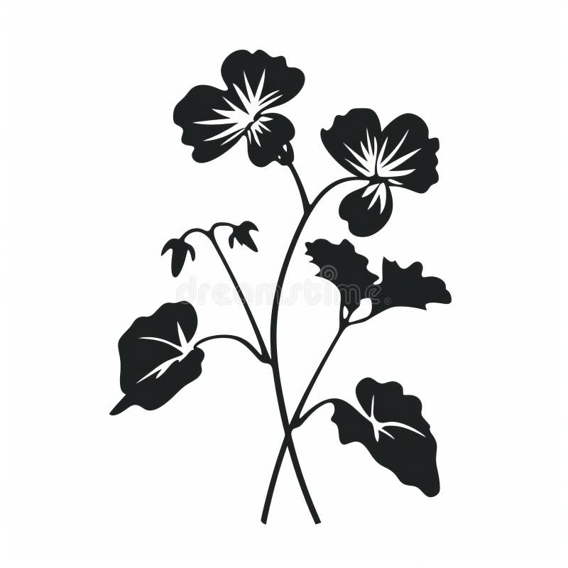 Botanical Flowers Silhouette: Simple Woodcut Style on White Background ...