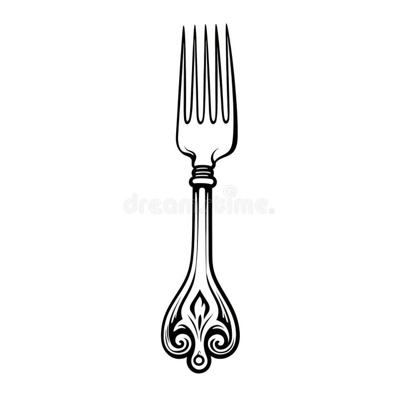 White Background with Black Outline Drawing Fork Cartoon, 2D, Black and ...