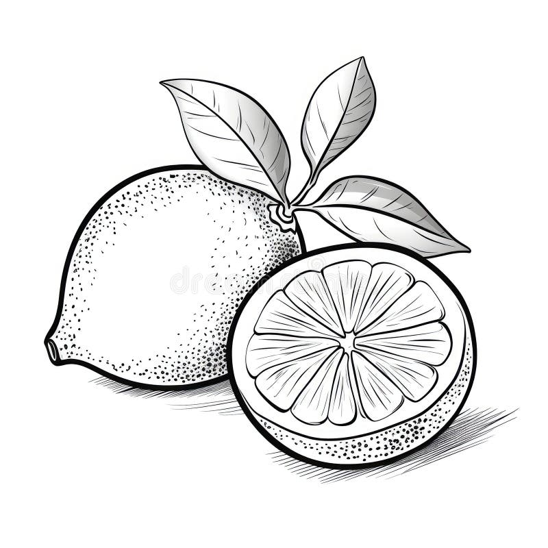 White Background with Black Outline Drawing Lemon Cartoon, 2D, Black ...