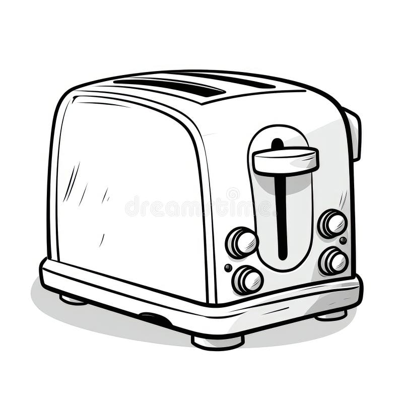 White Background with Black Outline Drawing Toaster Cartoon, 2D, Black ...