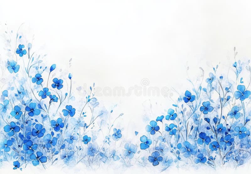 White Background with a Blue Forget-me-not Border and Green Leaves ...