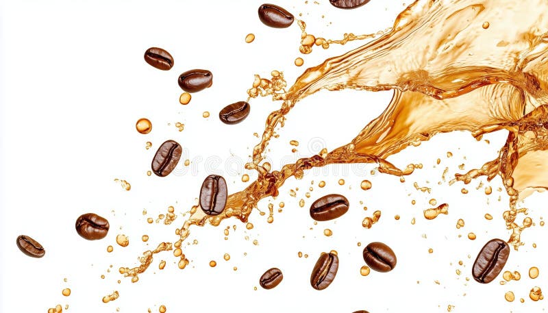 White Background with a Coffee Splash Featuring Coffee Beans Scattered ...