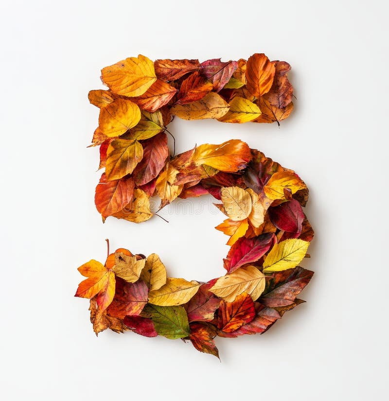 On a White Background, Colorful Autumn Leaves Form the Number Five ...