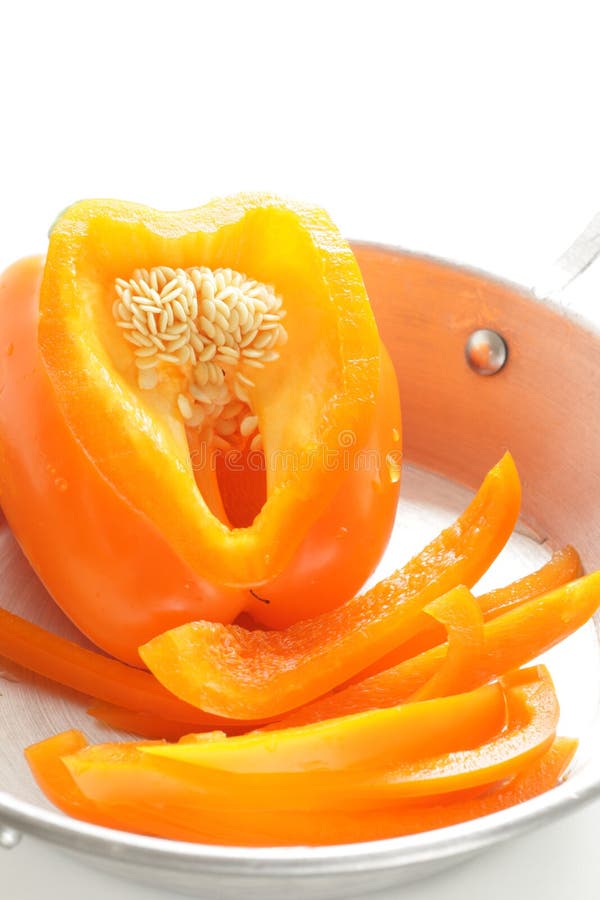 Chopped Orange Paprika in Pan Stock Image - Image of white, space ...