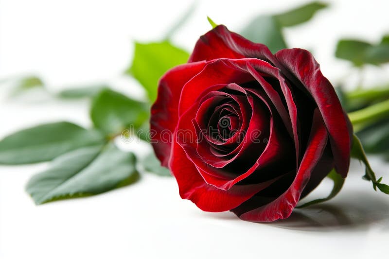 On a White Background, a Deep Red Rose is Surrounded by Lush Green ...