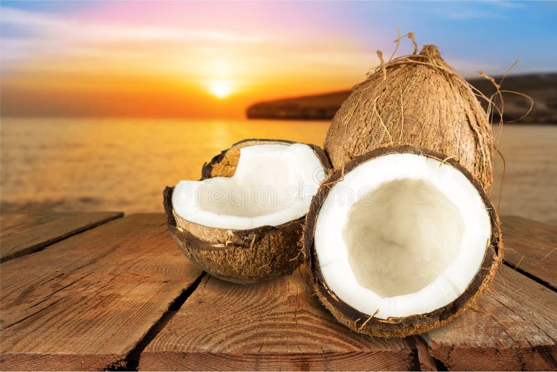 Fresh Ripe Coconuts on Wooden Table Stock Image - Image of menu ...