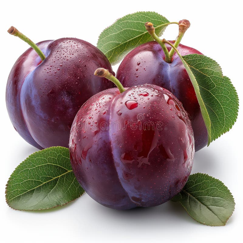 Fresh Plums with Leaves and Stems on a White Background Stock Image ...