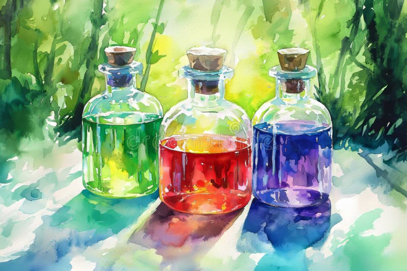 A White Background Featuring Watercolor Illustrations of Flasks with ...