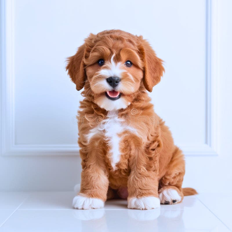 On a White Background, a Gorgeous, Content Reddish Havanese Puppy Sits ...