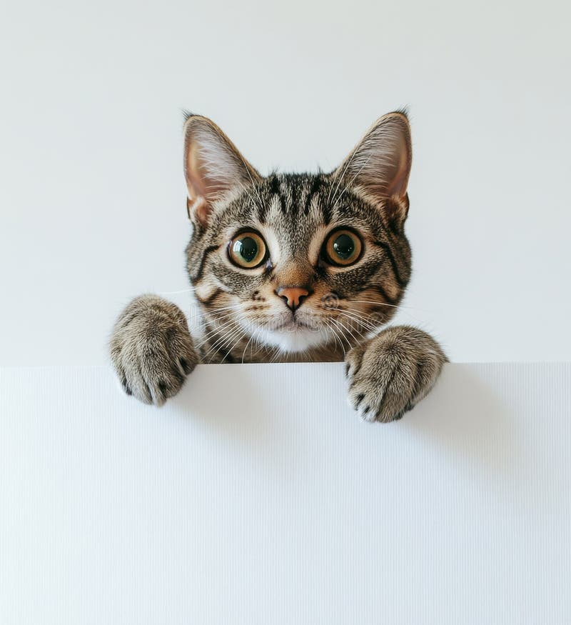 On a White Background, a Happy Cat Peeks Out Behind a Banner and Waves ...