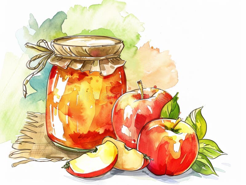 On a White Background, a Jar of Apple Jam in Watercolor Style Stock ...