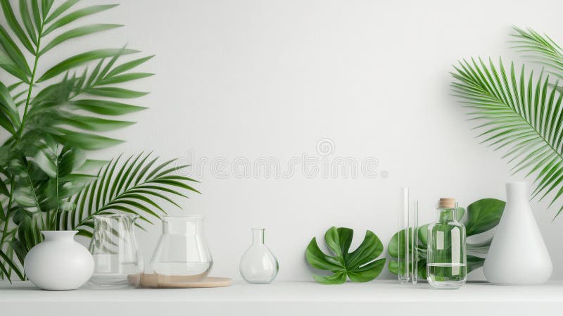 White Background with Lab Glassware Equipment and Leaves Product ...