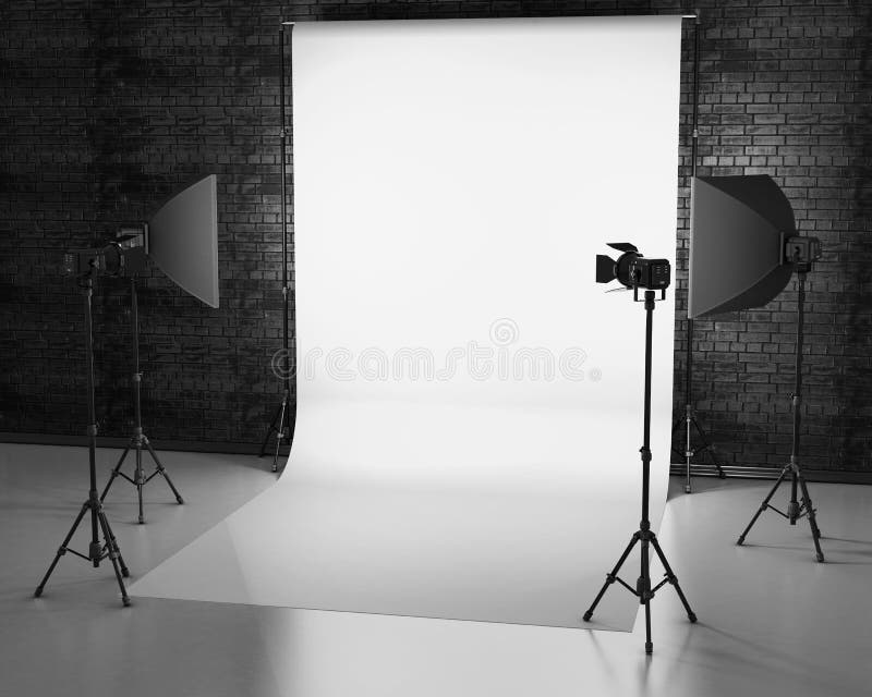 White Background Lit with Studio Equipment Against a Brick Wall. Stock ...