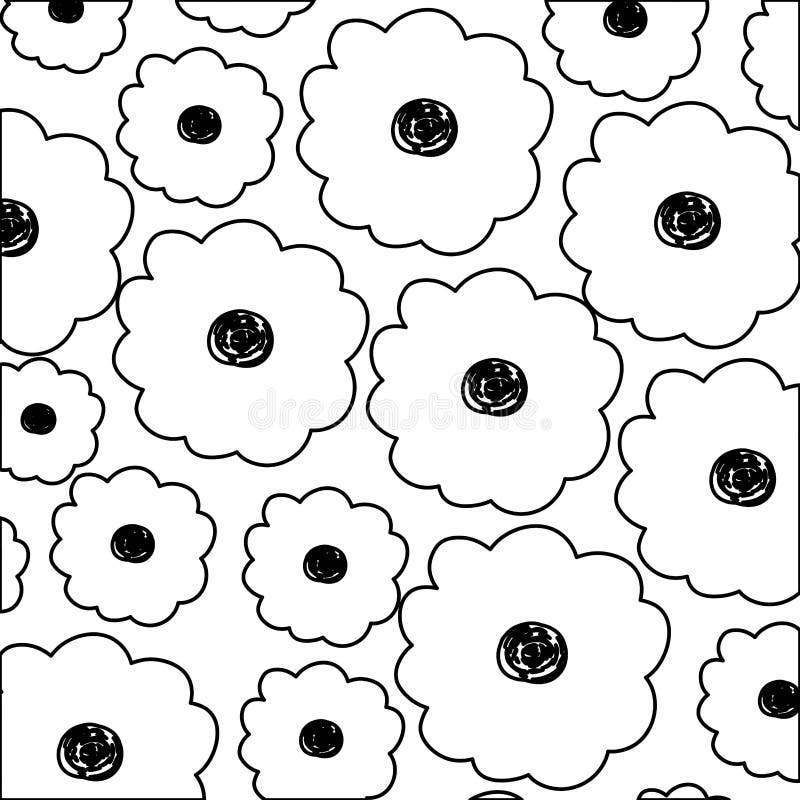 White Background with Monochrome Contour Pattern of Flowers Stock ...
