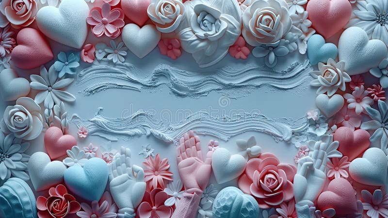 A White Background with Pink, Blue and White Hearts and Flowers Around ...