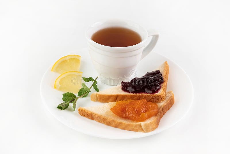 Mint Tea and Toasts with Orange Marmalade on Wooden Background Stock ...