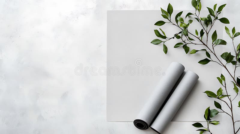 A White Background with a Roll of Paper and a Leafy Branch Stock Image ...