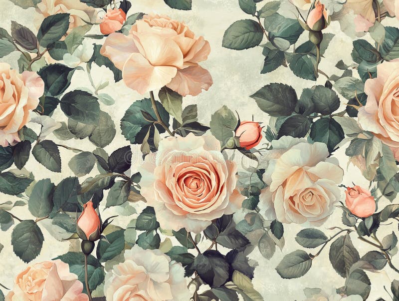 White Background with Roses and Vines Patterned Floral Design Stock ...