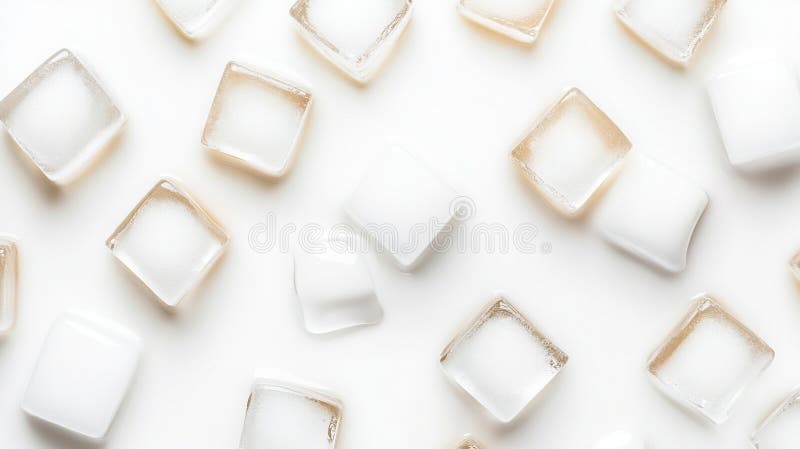White Background Scattered Ice Cubes, Overhead View, Summer Drink ...