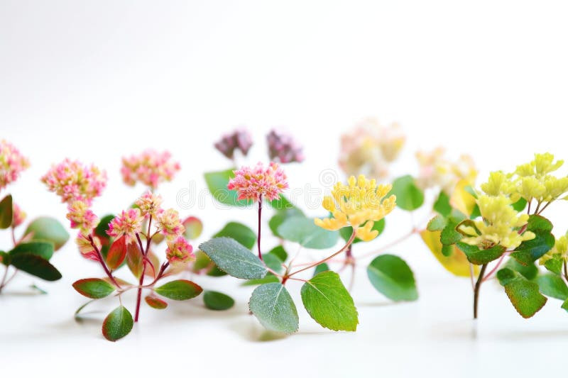 White Background with Several Small and Natural Delicate Leaves and ...