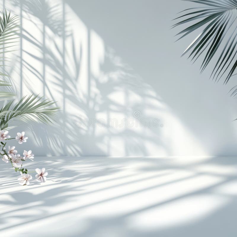 White Background with Shadows of Palm Leaves and Flowers. Vector ...