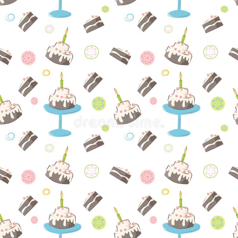 Color Seamless Pattern of Cakes and Pieces of Cakes and Flowers. Stock ...