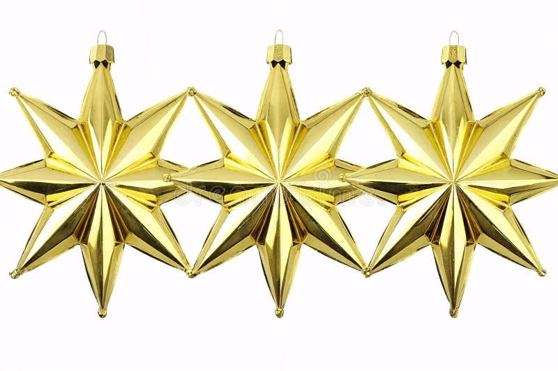 White Background, Three Gold Star Christmas Ornaments Stock Image ...