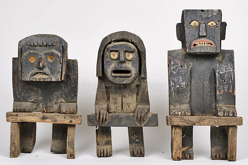 White Background, Three Rudimentary Hand-carved Wooden Sculptures with ...