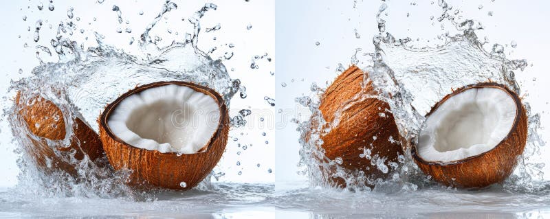 On a White Background, Two Green Coconuts are Depicted with Splashes of ...