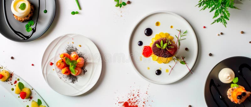 White Background with Variety of Desserts on Plates, Cake, Tart, and ...