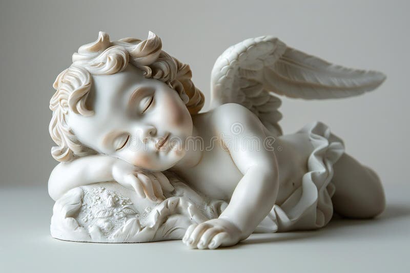 White Background with a White Angel Statue, Side View of a Cherub ...