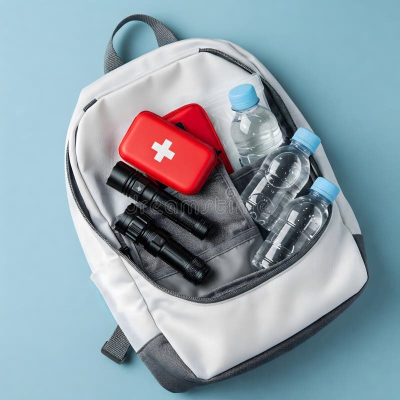 A White Backpack Filled with Emergency Supplies, Including a First Aid ...