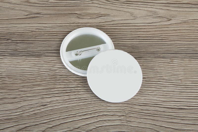 White Badges Front and Back View on a Wooden Background. Stock Image ...