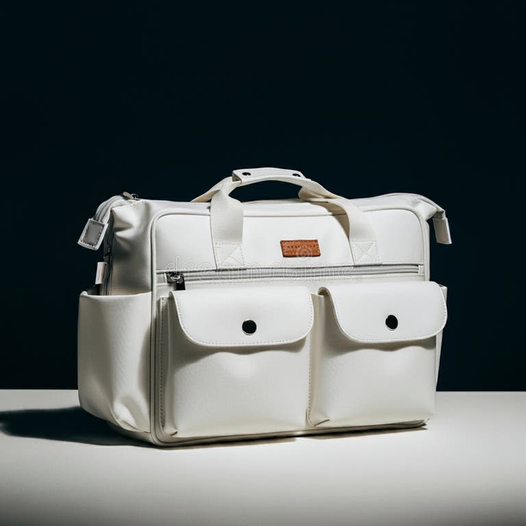 A White Bag with a Rectangular Shape, Featuring Two Large Front Pockets ...