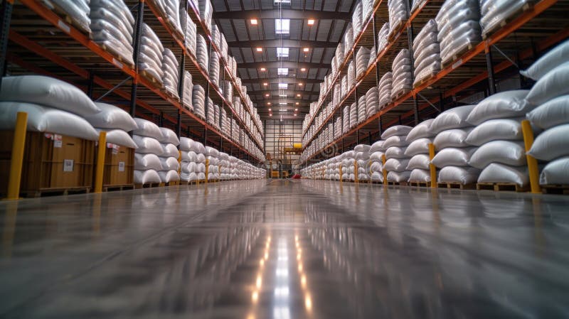White Bags and High Storage Racks in Large Warehouse Stock Illustration ...